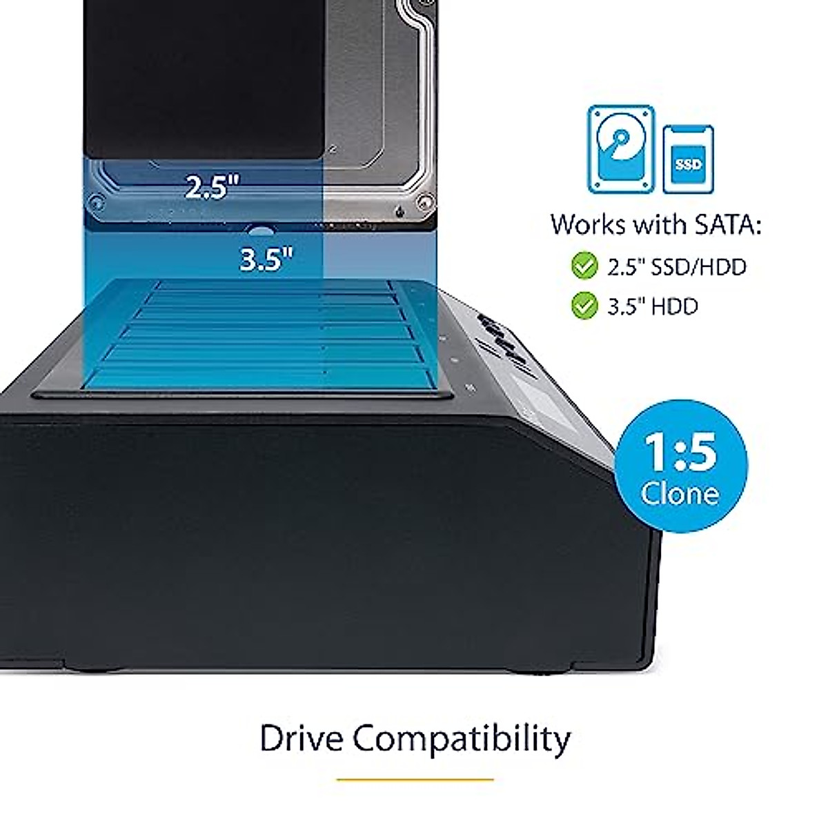 StarTech.com 6-Bay Hard Drive Duplicator/Eraser, Standalone 1:5 HDD/SSD Cloner/Copier, USB 3.0/eSATA to SATA Docking Station, Disk Sanitizer/Wiper, DOD Erasing, Cloning Toolless Device (SATDOCK5U3ER)