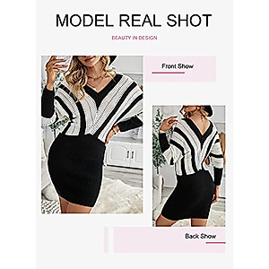 Dokotoo Color Block V-Neck Sweater Dress for Women - Long Sleeve Casual Loose Jumper with Elasticity - Winter Knitted Midi Dress - Black, Medium