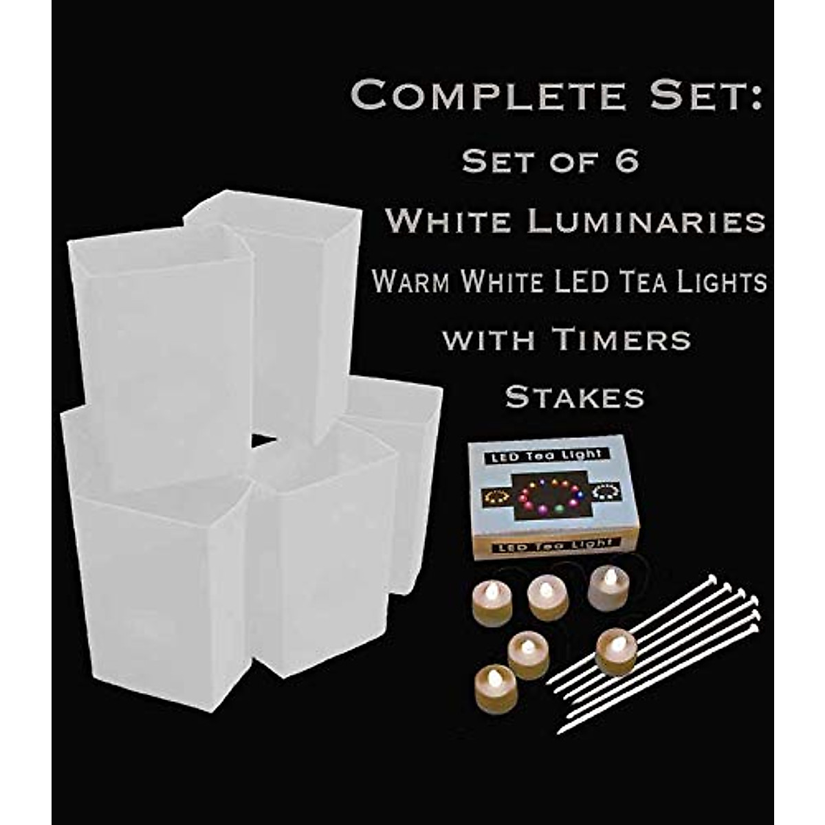 Set of 6 White Luminaries, Warm White LED Tea Lights with Timers & Stakes