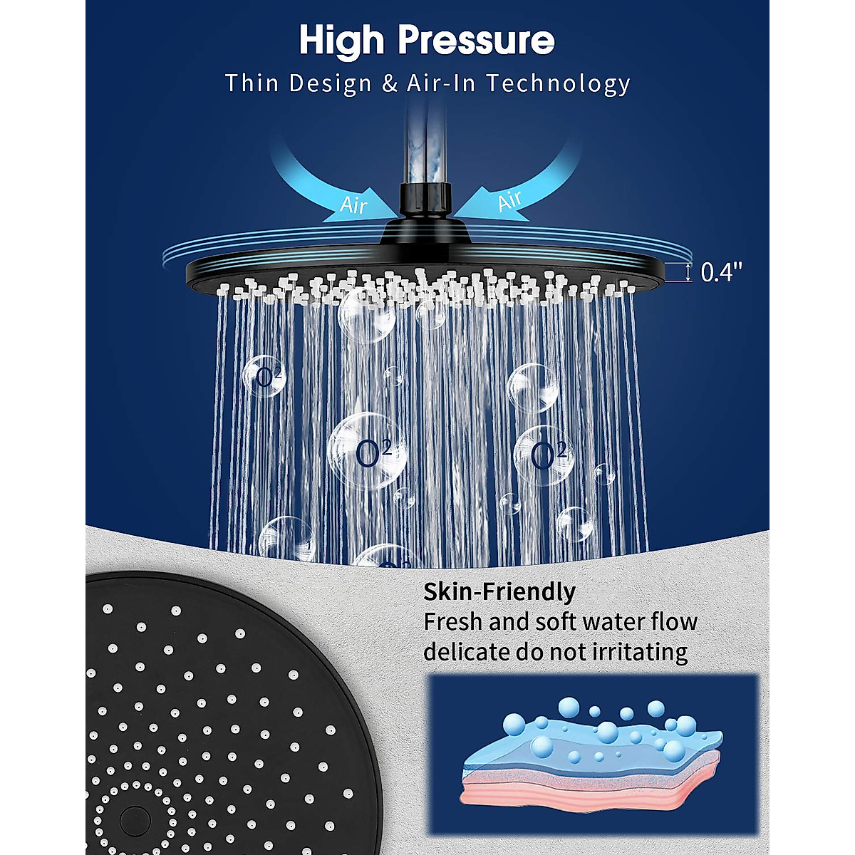 Rain Shower Head VMASSTONE 9In High Pressure Showerhead - Tool Free Installation- with Large Spray Surfaces and 200 Nozzles for Delicate and Unstimulate Shower Experience (EM-001 Matte Black/Black)