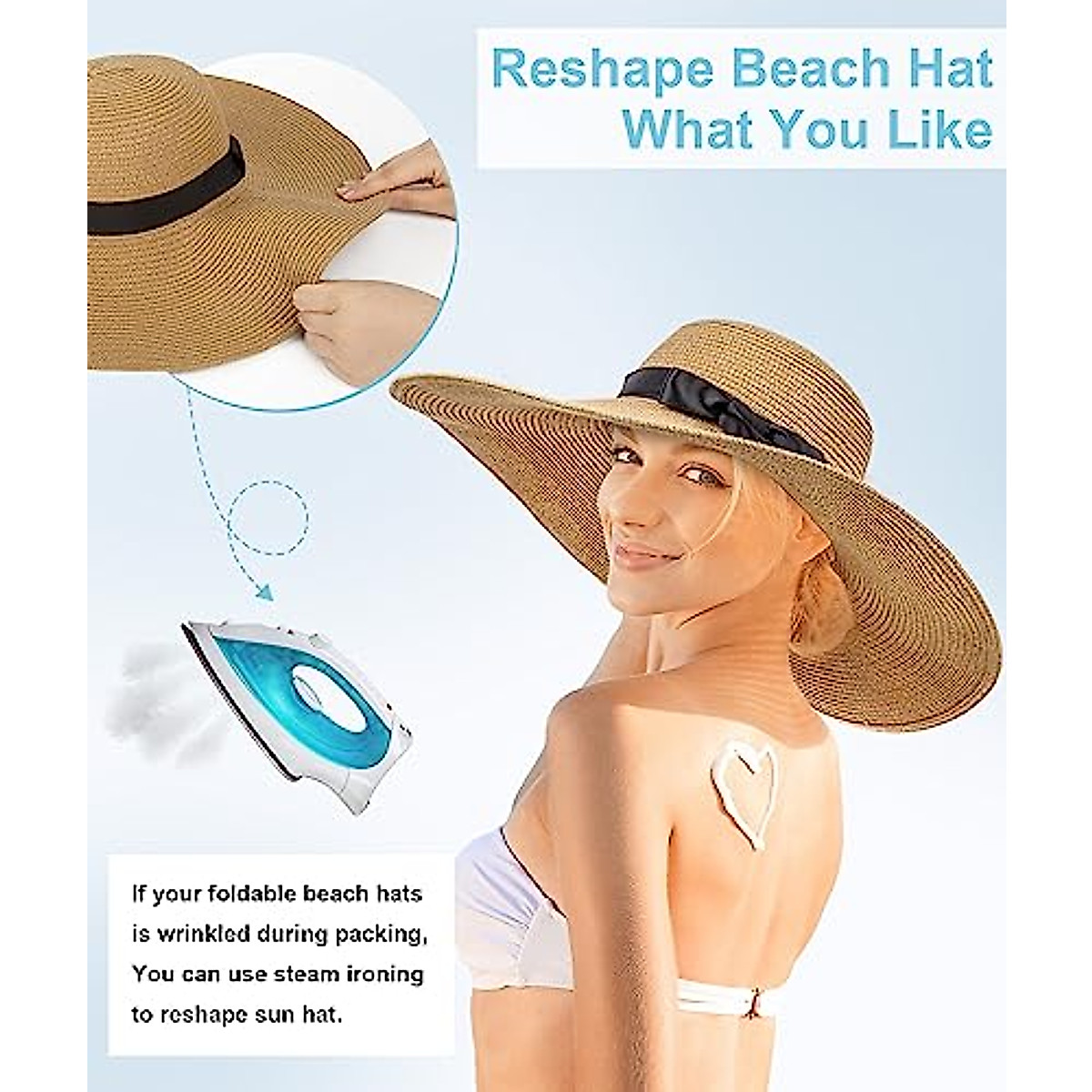 Beach Hats for Women, Wide Brim Sun Straw Hat Foldable Summer Floppy Hat UV Protection Cap, A-Khaki