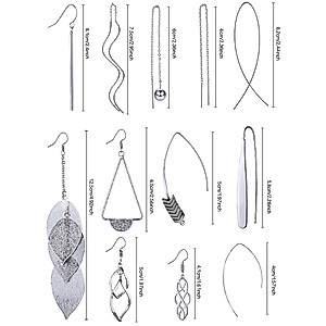 13 Pairs Metal Drop Dangle Earrings Set Curved Threader Dangle Earrings Double Twist Wave Long Bar Arrow Leaf Earrings (Silver)