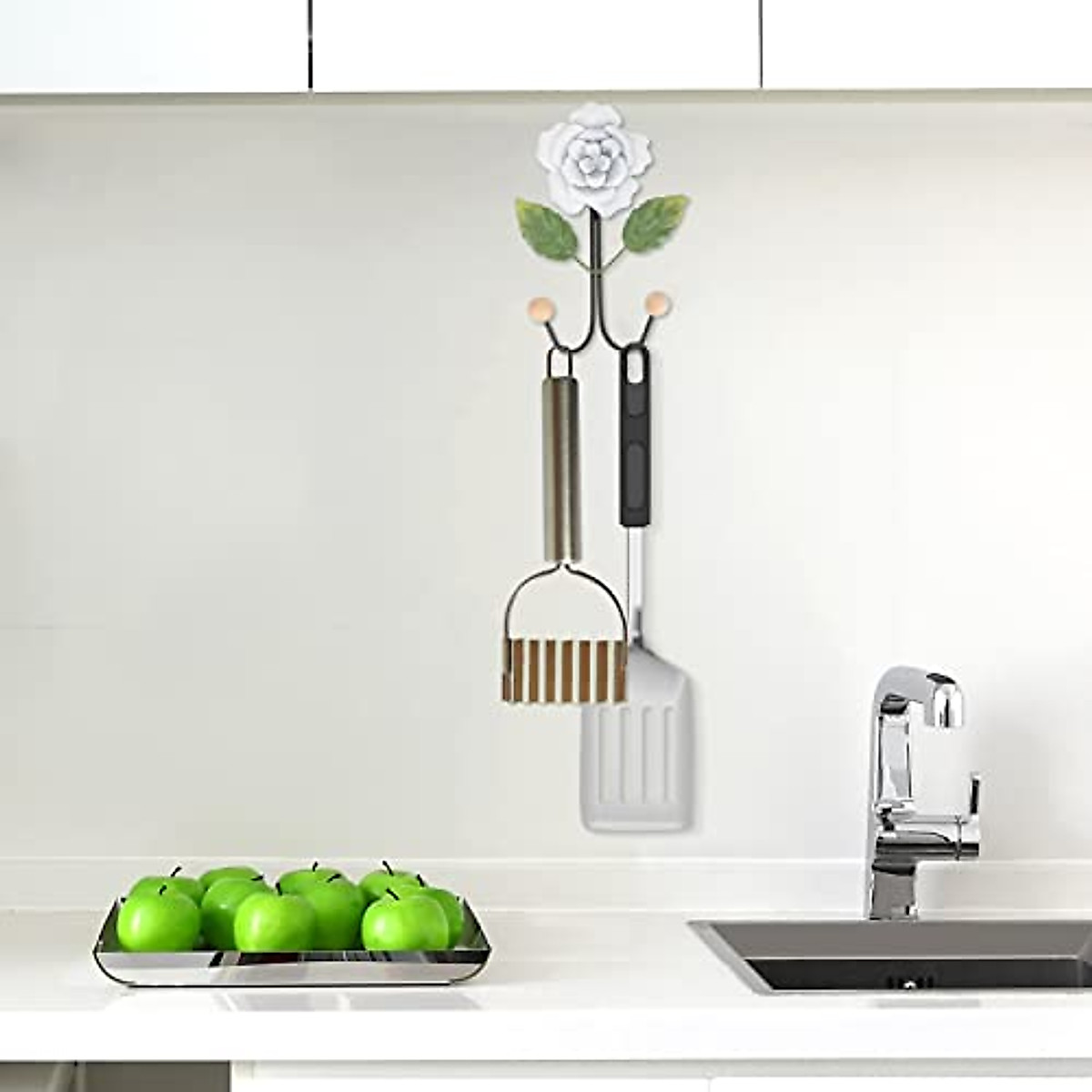 Zerodeko Wall Hanger Wall Mounted Rose Hook Entryway Iron Key Holder Wall Hanging Double Clothes Hook Door Back Hook Bathroom Towel Hook for Bags Hat Jackets White Decorative Rose Iron Hooks