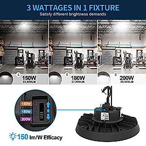 AKK 200W LED High Bay Light 180W 150W Tunable, 3 Color Switchable 30000LM UFO LED High Bay Light(Eqv. 900W MH/HPS), 1-10V Dimmable High Bay LED Lights, US Plug 5' Cable, 100-277V for Factory Warehouse