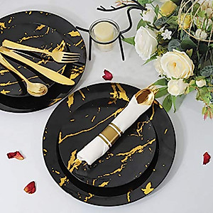 BUCLA 30Guests New Year Plates - Black And Gold Plastic Plates With Disposable Prewrapped Silverware Bulk And Gold Cups- Marble Design Disposable Plastic Dinnerware-Ideal For Thanksgiving and New Year
