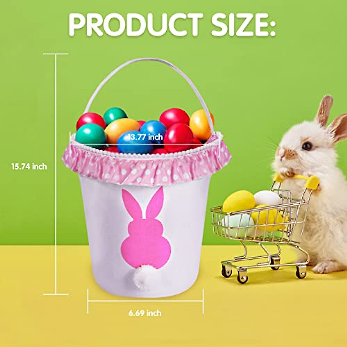 Easter Baskets Bags Empty Bulk For Kids Girls Toddler Bunny Eggs Hunt Bags with Fluffy Tail Pink Canvas Rabbit Toys Personalized Handbag Toys Bucket Tote Bag Candies Storage Gifts with Handles (Pink)