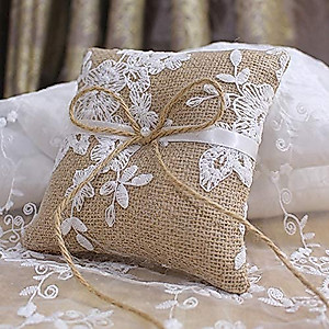 LABJULY Ring Bearer Pillows Lace Bow Flower for Fall Wedding Ceremony with Vintage Rustic Lace Bow Pearl Embroidered Flower Ribbon (6 inch)