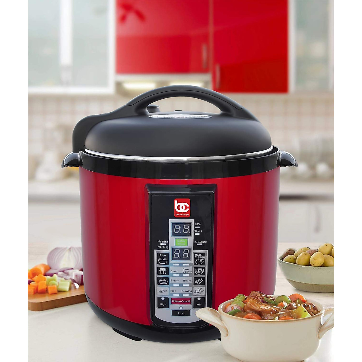 MBR INDUSTRIES Bene Casa 900W 8L Electric Pressure Cooker Red,easy to use digital controls,multi-function pressure cooker,built in automatic cooking programs