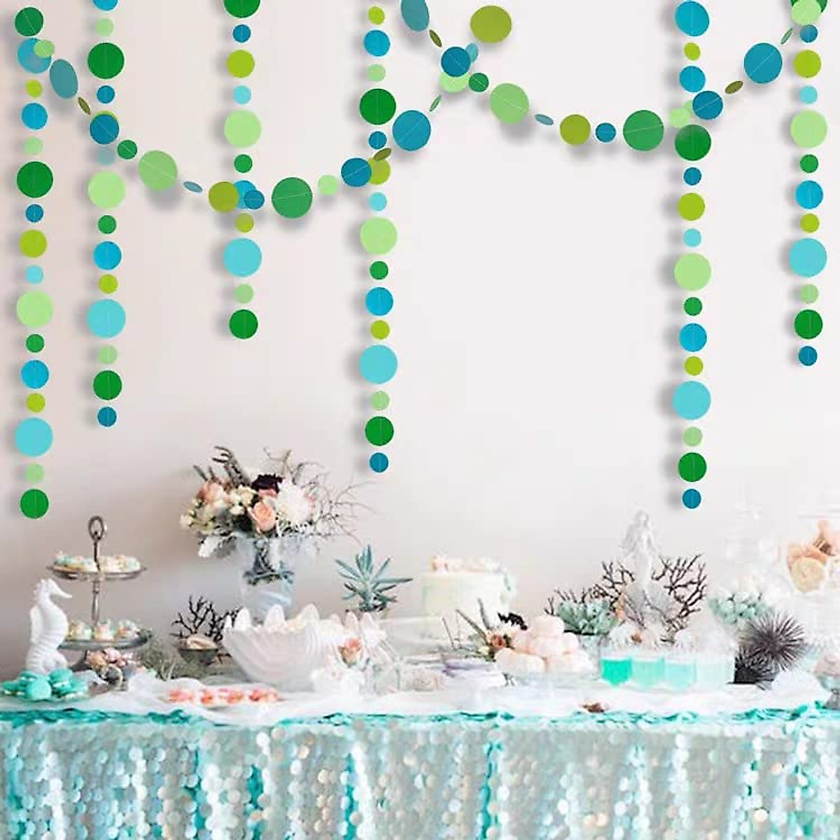 JEYE Blue and Green Circle Dots Party Garland Banner Decoration Polka Dots Paper Streamer Backdrop Hanging Decor for Baby Shower Birthday Wedding Christmas Graduation, Pack of 2, 26ft/8m in Total
