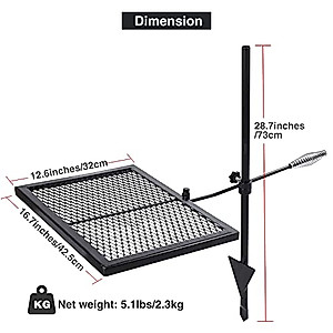 Lineslife Swivel Campfire Grill, Adjustable Heavy Duty Steel Campfire Grill Grate, Fire Pit Grill Grate Over Fire Pit with Carrying Bag for Outdoor Camping BBQ, Rectangle Black