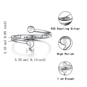 MANBU Sterling Silver Semicolon Ring for Women: I am Enough Keep Going Ring Engraved Inspirational Message Supporting Jewelry Gifts for Daughter Sister (I am enough)