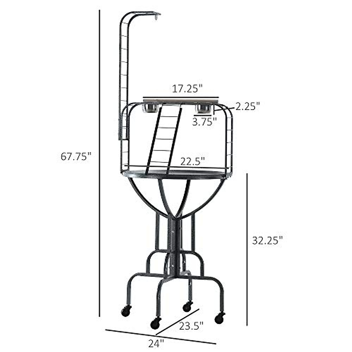 PawHut Rolling Bird Perch Play Stand with Universal Wheels, Wooden Perch Ladders, & Stainless Steel Feeding Cups, Grey