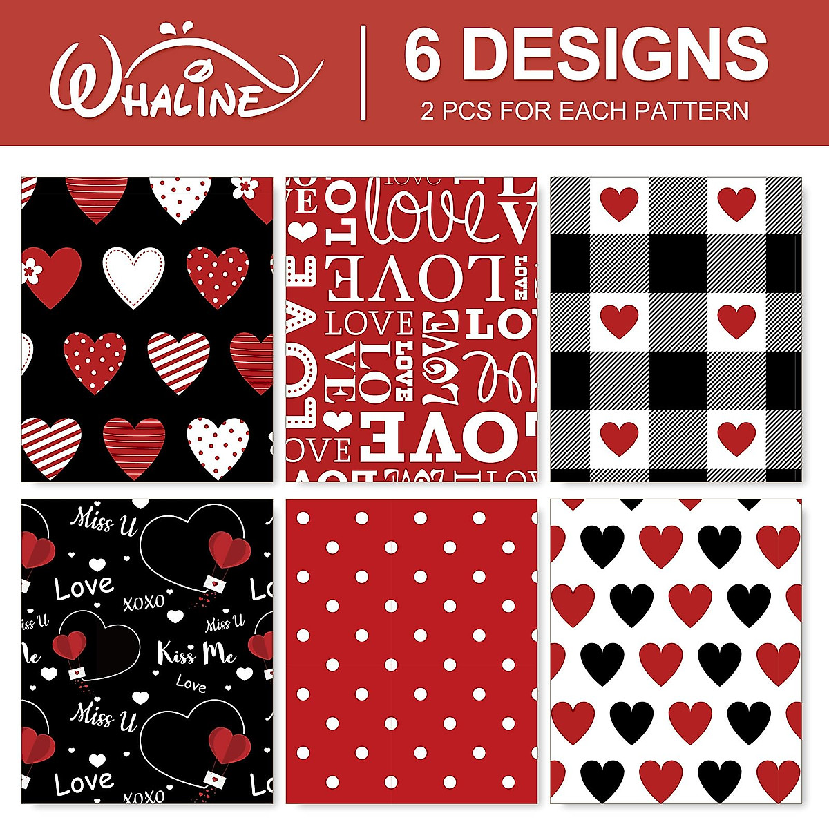 Whaline 12 Sheet Valentine's Day Wrapping Paper Heart Love Plaid Gift Wrap Paper Bulk Folded Flat Black Red Craft Paper for DIY Crafts Wedding Anniversary Party Gift Packing Supplies, 19.7 x 27.6 Inch