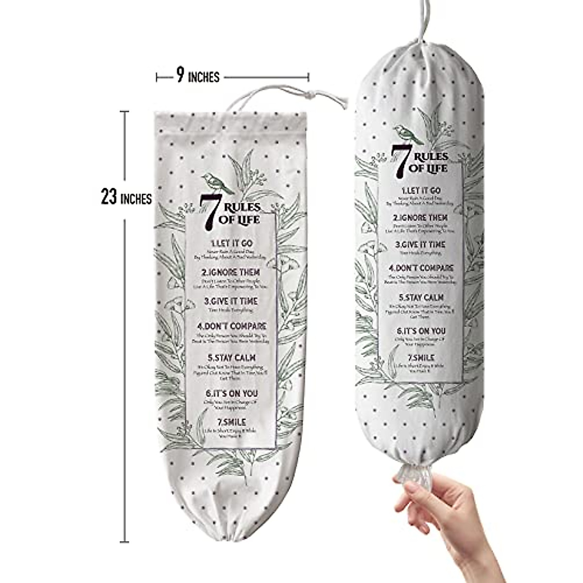 Hglian Inspirational Grocery Plastic Bag Holder Dispenser 7 Rules of Life Plastic Bag Organizer Canvas Shopping Trash bags Storage Container Motivational Quotes farmhouse Kitchen Décor Greenery