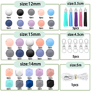 Vellibring 121 PCS Silicone Beads for Keychain Making Kit,12mm 15mm Round 14mm Polygonal Rubber Beads Multicolor Bulk Silicone Loose Beads for DIY Necklace Bracelet Jewelry Making Supplies