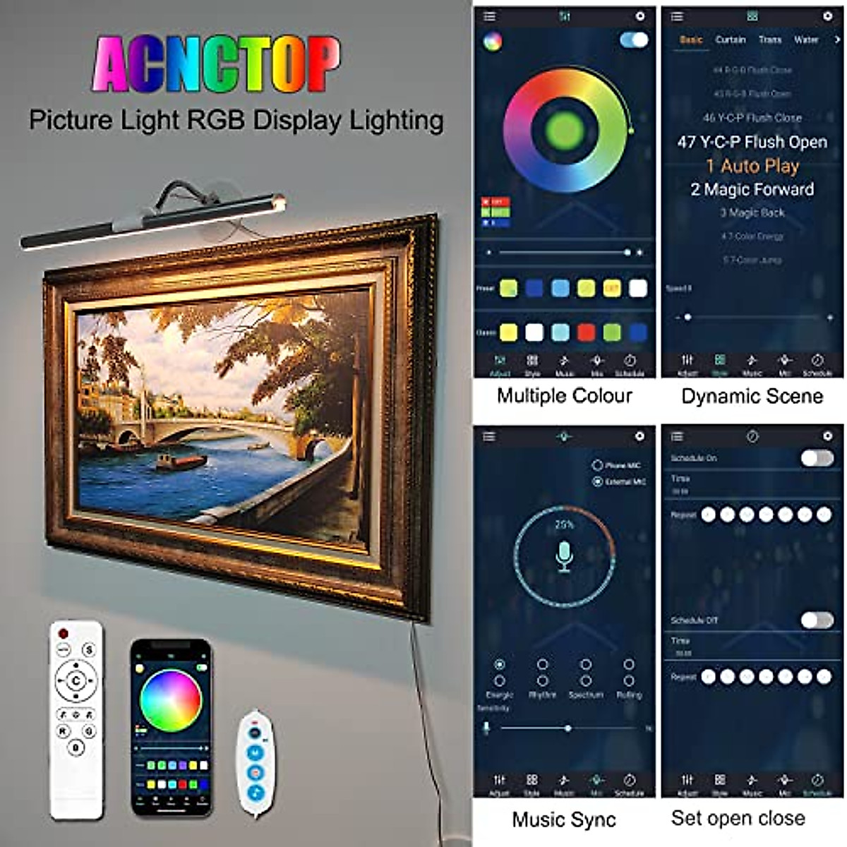 ACNCTOP Picture Light RGB Display Lighting - Colorful Wall Art Light with APP Music Sync Multi Dynamic Modes LED lights for paintings Frame Artworking Portrait Gallery Tapestry Home Wall Decor