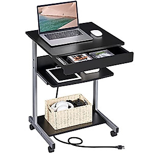 Topeakmart Mobile Laptop Desk Compact Computer Table on Wheels with Power Outlet and USB Ports, Home Office Writing Desk with Charging Station and Printer Shelf Small Desk 22in for Space Saving, Black