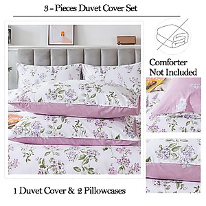 FADFAY Purple White Floral Duvet Cover Sets Queen 100% Cotton Lilac Lavender Reversible Comforter Cover French Country Bedding All Season Soft Crisp Green Leaves Bed Cover with Zipper 3 Pieces