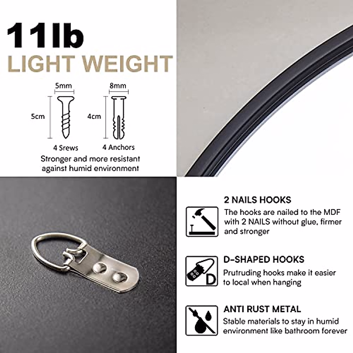 HOWOFURN Wall Mounted Mirror, 20’’x30’’ Oval Bathroom Mirror, Black Vanity Wall Mirror w/ Stainless Steel Metal Frame & Pre-Set Hooks for Vertical & Horizontal Hang, Ideal for Bedroom, Bathroom