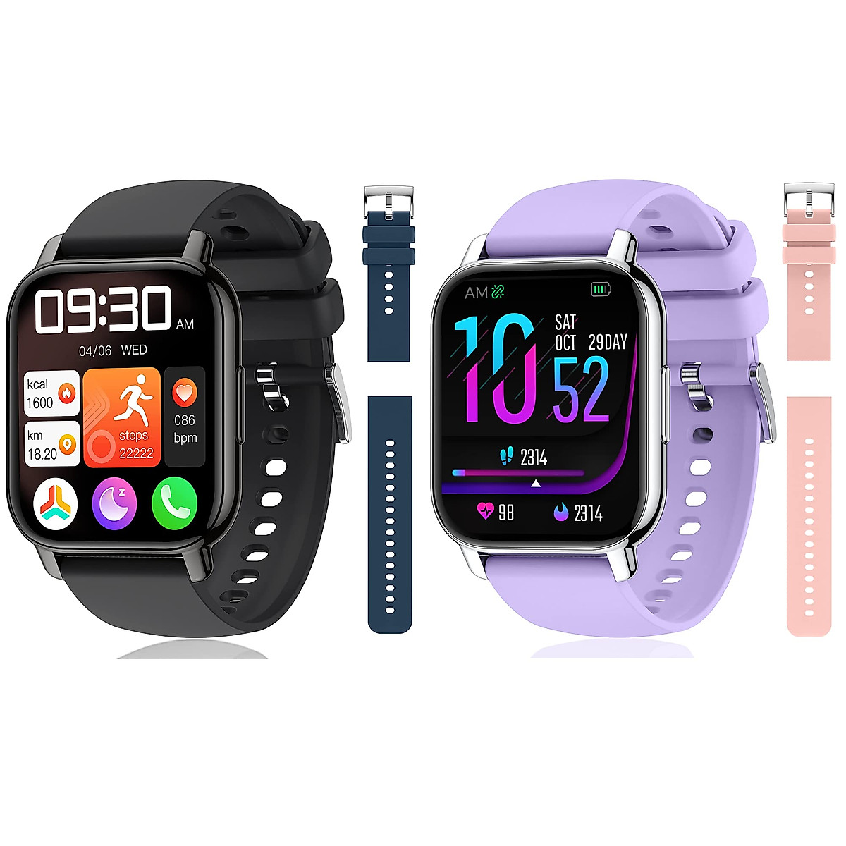 Popglory 2 Pack Smart Watch for Women & Men, 1.85'' Call Receive/Dial Smartwatch, Fitness Tracker with Blood Pressure/ure/SpO2/Heart Rate Monitor, Fitness Watch with 2 Straps for iOS & Android Phones