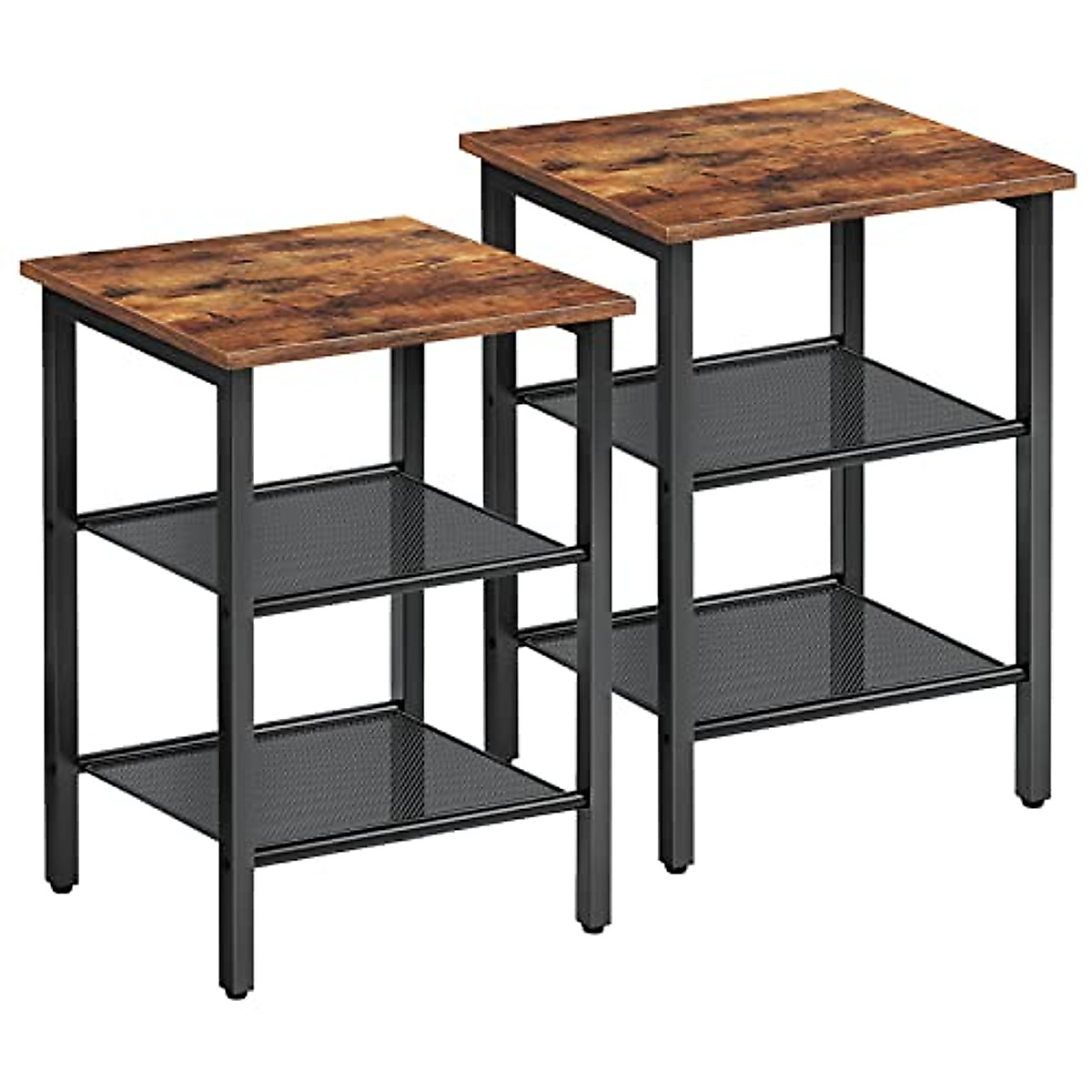 HOOBRO End Table, Nightstands Set of 2, 3-Tier Side Table with Mesh Shelves, Industrial End Table for Small Space in Living Room, Bedroom and Balcony, Stable Metal Frame, Rustic Brown BF21BZP201