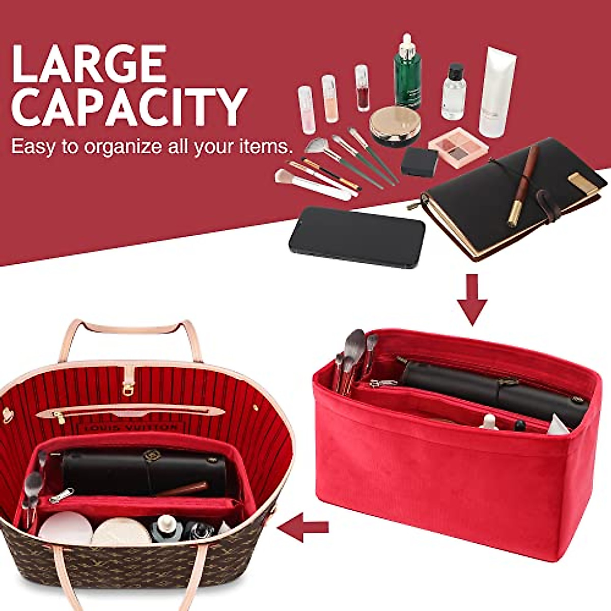 MTRSUE Original Velvet Purse Organizer Shaper Insert for Handbag, Women Tote Bag Organizer With Metal Zipper for Neverfull Speedy and More (Red, Medium)