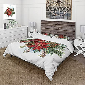 DESIGN ART Designart 'Christmas Poinsettia and Red Cardinal Bird' Traditional Duvet Cover Comforter Set King Cover + Comforter + 2 King Shams 4 Piece
