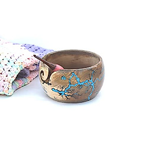 Wooden Yarn Bowl - Knitting Yarn Bowls with Holes Crochet Bowl Holder Handmade Yarn Storage Bowl - Lichtenberg Figure Yarn Bowl (Blue)