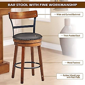 COSTWAY Bar Stools Set of 2, 360-Degree Swivel Stools with Leather Padded Seat, Single Slat Ladder Back & Solid Rubber Wood Legs, Counter Height Stools for Pub, Restaurant, Kitchen, Brown (2, 25.5)