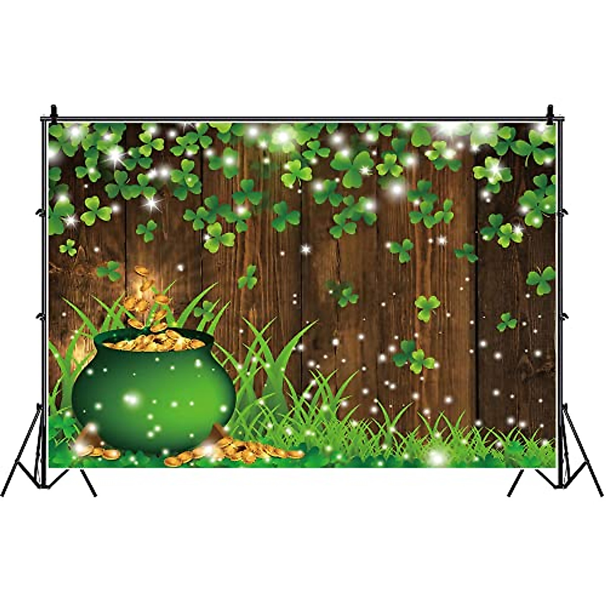 Laeacco 10x6.5FT St. Patrick's Day Backdrop Green Clover Lucky Shamrock Pot of Gold Coin Glitter Brown Wooden Board Photography Background Irish Festival Party Decor Kid Adult Portrait Photo Prop