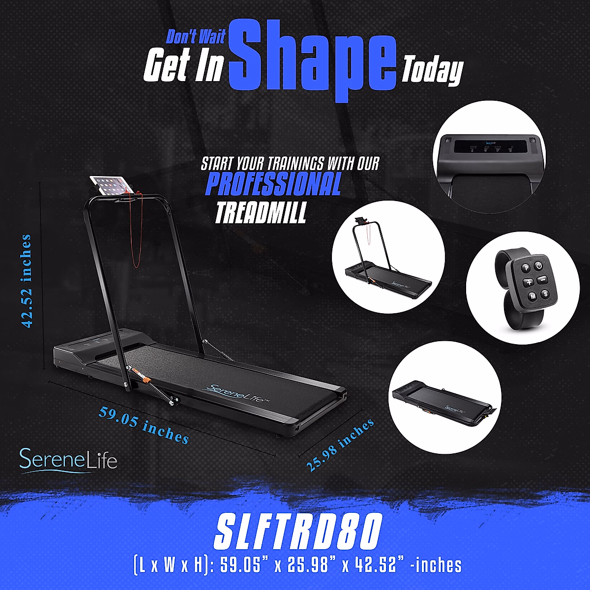 SereneLife Folding Treadmill Exercise Running Machine, Under Desk Storage, Electric Motorized with16 Pre-Set Program, Bluetooth Integration, Home Gym/Office, Walking or Jogging, 265lbs Capacity