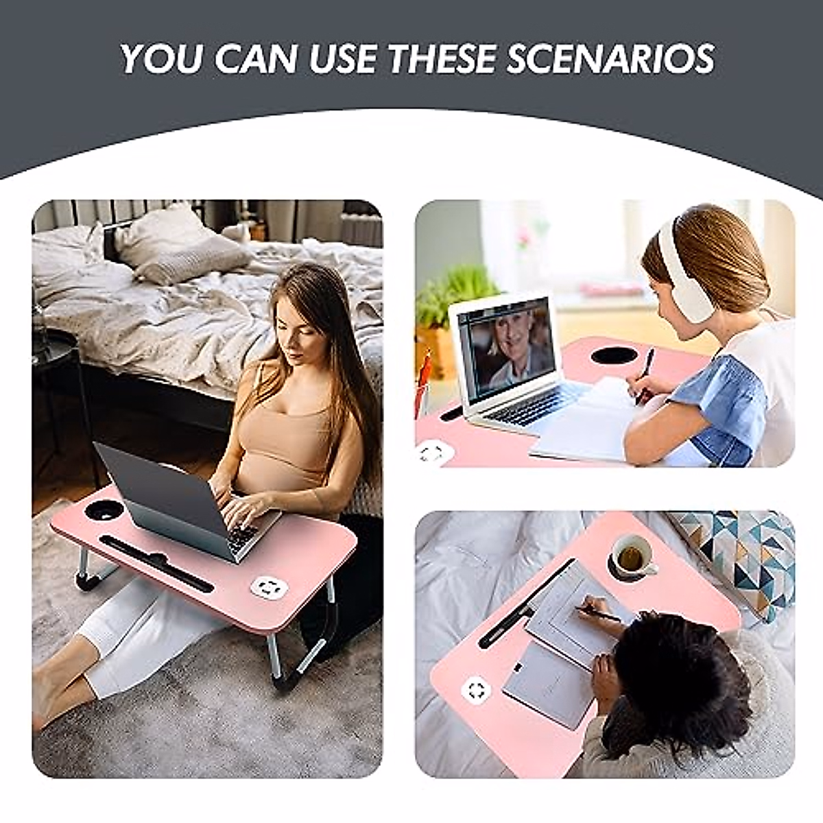 Royacon Laptop Bed Desk, Folding Lap Desk with Cup Holder, Portable Laptop Stand for Bed Laptop Desk Bed Table Tray with Drawer for Working Reading Writing, Eating Table for Bed Sofa Couch Floor