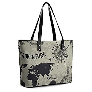 Womens Handbag Vintage World Map Leather Tote Bag Top Handle Satchel Bags For Lady