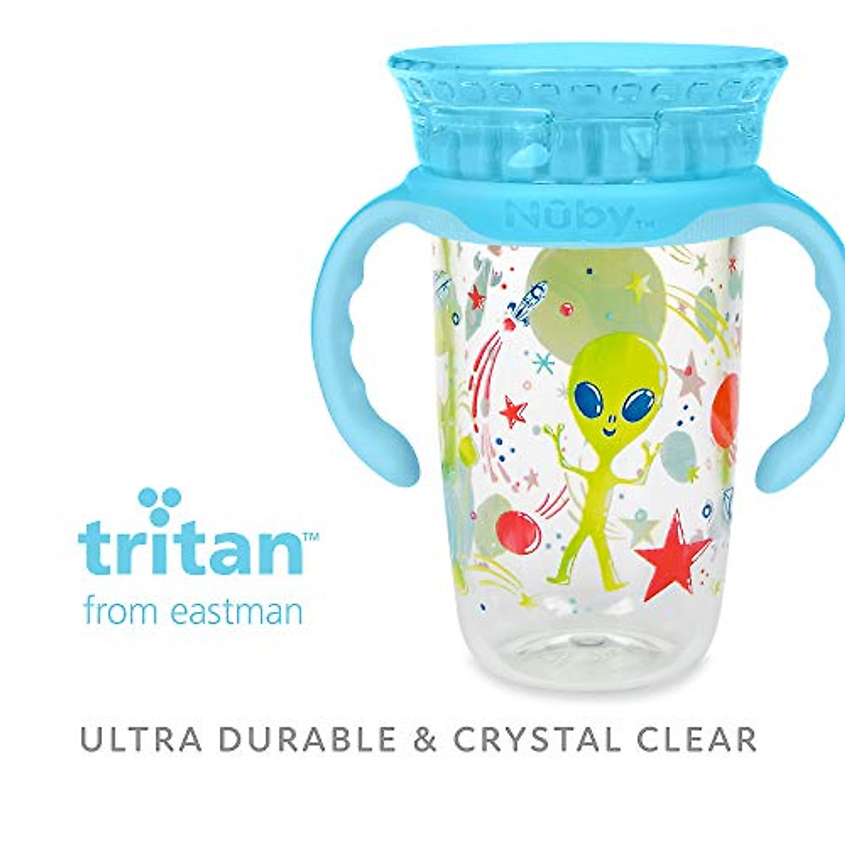 Nuby 360 Edge 2 Stage Drinking Rim Cup with Removable Handles & hygienic Cover: 10 Oz/ 300 Ml 12M+ Space Aqua