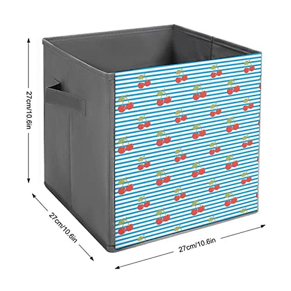 Cherries Pattern with Blue Stripes Storage Bins Cubes Foldable Fabric Organizers with Handles Clothes Bag Book Box Toys Basket for Shelves Closet 10.6"