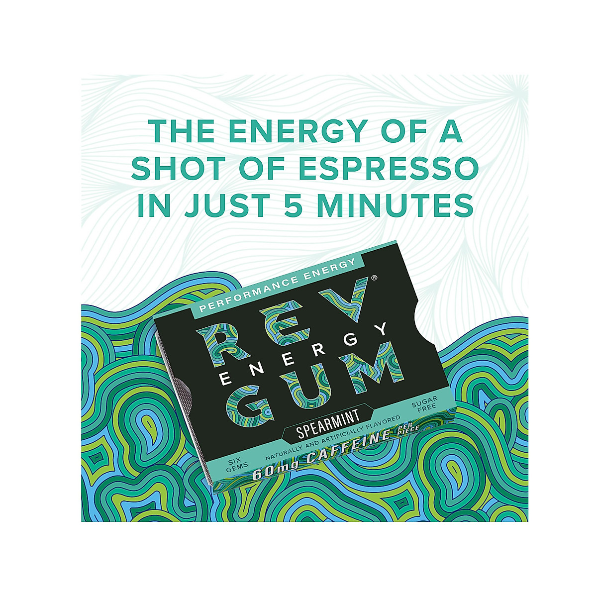 Rev Gum Caffeine Energy Gum | Performance Energy 60mg of Caffeine per Gem | Spearmint Sugar Free Caffeinated Mint Chewing Gum - Low Calorie Chews to Help You Stay Alert, Awake and Focused - 12 Packs (72 Count)