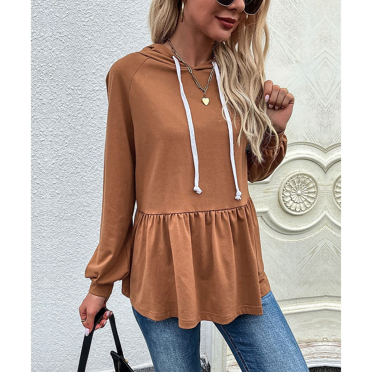 YOXUA Womens Casual Hoodies Peplum Tops, Long Sleeve Lightweight Drawstring Sweatshirt Jacket Pullover Shirts Blouse Coffee