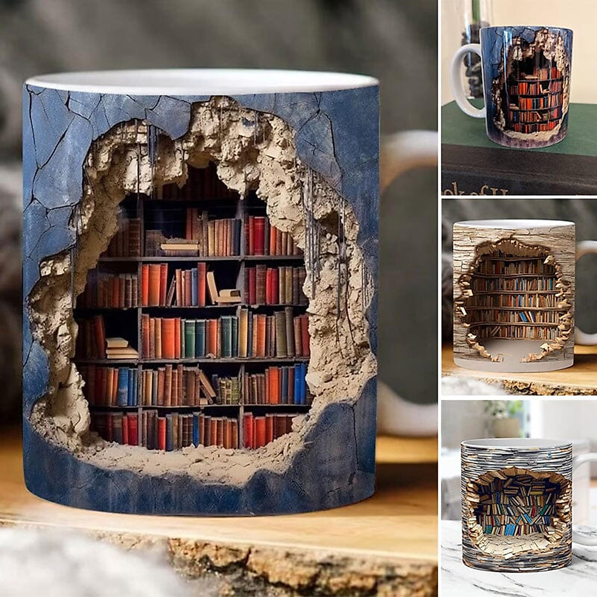 Atlodas Bookworm Mug, Creative 3D Print Bookshelf Mug, Personalise Space Design Multi-Purpose Ceramic Mug, Perfect for Gifting to Book Lovers (A)