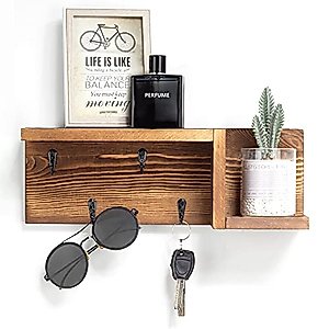 AKKO Wooden Key Holder for Wall Decorative Mail and Key Holder Organizer with 4 Key Hooks and “Z” Shape Wall Mount Floating Shelf ,Rustic Home Decor for Wall, Entryway, Mudroom, Bathroom