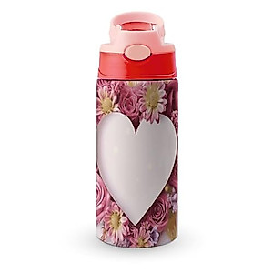 Stainless Steel Water Bottles Card Heart Shape Flowers Travel Water Cups with Handle And Silicone Straw Drinking Cup with Leak Proof Lid Thermo Travel Mug for Women Men