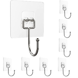 Large Adhesive Hooks 22Ib(Max),Waterproof and Rustproof Wall Hooks for Hanging Heavy Duty,Stainless Steel Towel and Coats Hooks to use Inside Kitchen Bathroom Home and Office 8 Pack (Transparent)