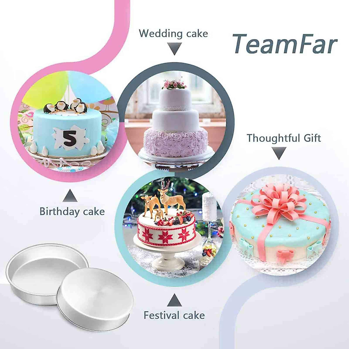 TeamFar 8 Inch Cake Pan and Rack Set of 4, Stainless Steel Round Tier Cake Pans, for Baking Cooling Steaming, Fit in Oven, Pot, Pressure Cooker, Healthy & Mirror Finish, Dishwasher Safe