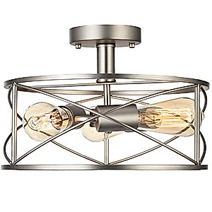 Capslpad Industrial Semi-Flush Mount Ceiling Light Vintage Close to Ceiling Lamp 3-Light Farmhouse Retro Metal Cage Ceiling Light Fixture for Bedroom Kitchen Foyer Hallway (Brushed Nickel)