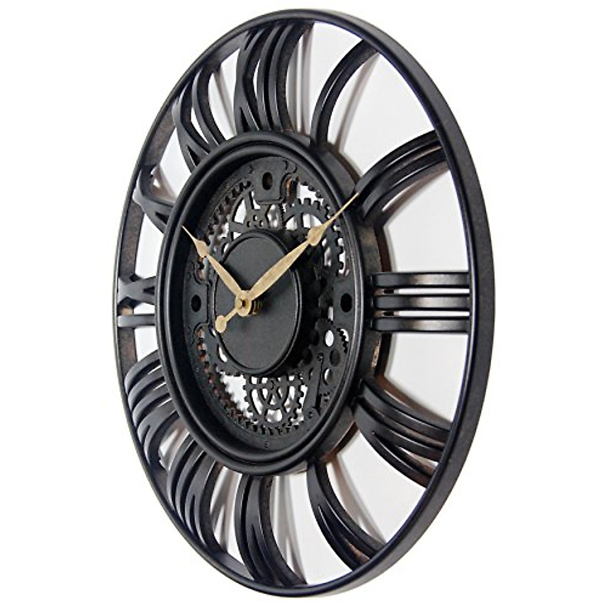 Infinity Instruments LTD. Roman Gear 15 inch Decorative Steampunk Industrial Exposed Gear Living Room Wall Clock Home Decor Designer Battery Operated (Black)