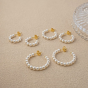 MUYAN 3 Pairs Pearl Hoop Earrings for Women,Gold Plated Pearl Earrings Lightweight Hoops White Pearl Hoops