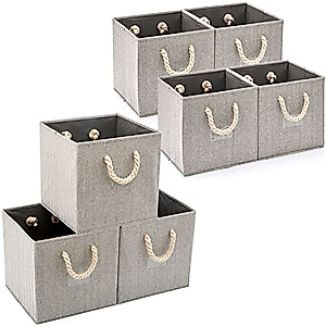 EZOWare Set of 7 Foldable Fabric Storage Cube Bins with Cotton Rope Handle, Collapsible Resistant Basket Box Organizer for Shelves Closet Toys and More – Gray