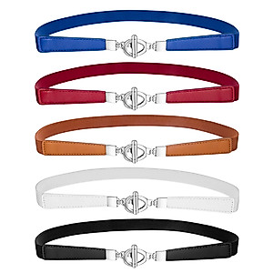 JOVITEC 5 Pieces Women Skinny Elastic Waist Belt for Dress Retro Stretch Cinch Adjustable Thin Belt Metal Buckle