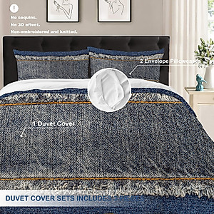 Batmerry Blue Fringe Orange Queen Size 3 Pieces Bedding Comforter Cover Sets,Soft Fluffy Denim Torn Worn Blue Jeans Pattern Printed Duvet Cover for All Season