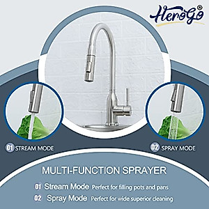Herogo Kitchen Sink Faucets with Pull Down Sprayer Brushed Nickel, Stainless Steel High Arc Single Level Pull Out Faucets with Deck Plate for Farmhouse Laundry Rv Utility Wet Bar