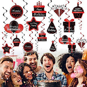 Red and Black Happy Birthday Decorations Hanging Swirls Party Supplies, 30Pcs Red Black Happy Birthday Foil Swirl Decor, 10th 16th 21st 30th 40th 50th 60th Ceiling Hanging Sign Decor